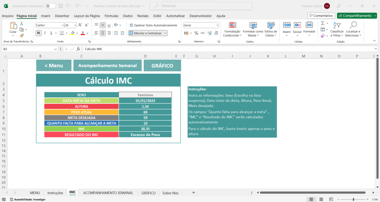 Planilha de Controle de Peso e IMC - Loja Excel Easy