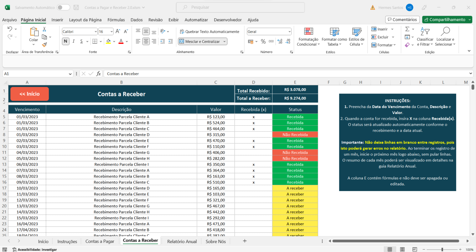 Planilha de Contas a Pagar e Receber - Loja Excel Easy
