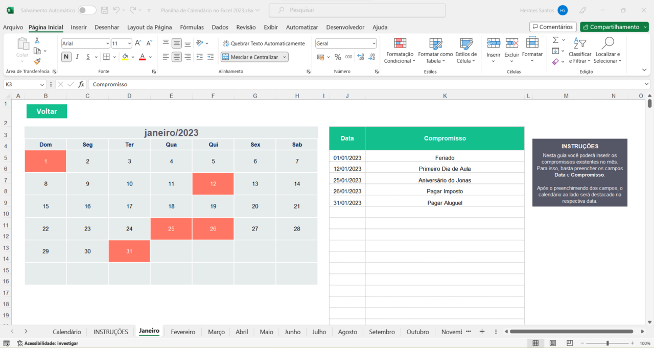 Planilha de Calendário no Excel | Agenda e Compromissos - Loja Excel Easy