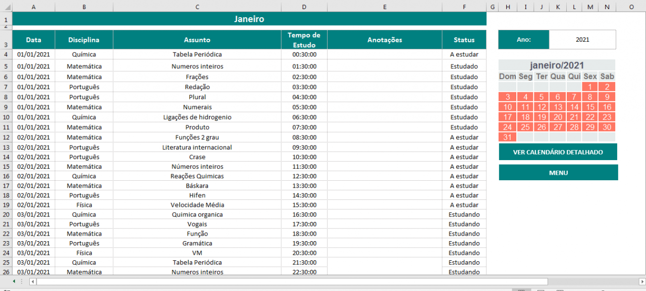 Planilha de Estudos Premium - Loja Excel Easy