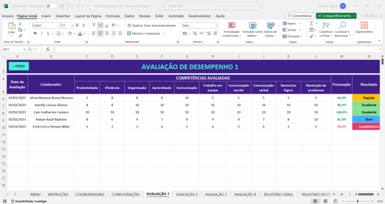 Planilha de Avaliação de Desempenho - Loja Excel Easy