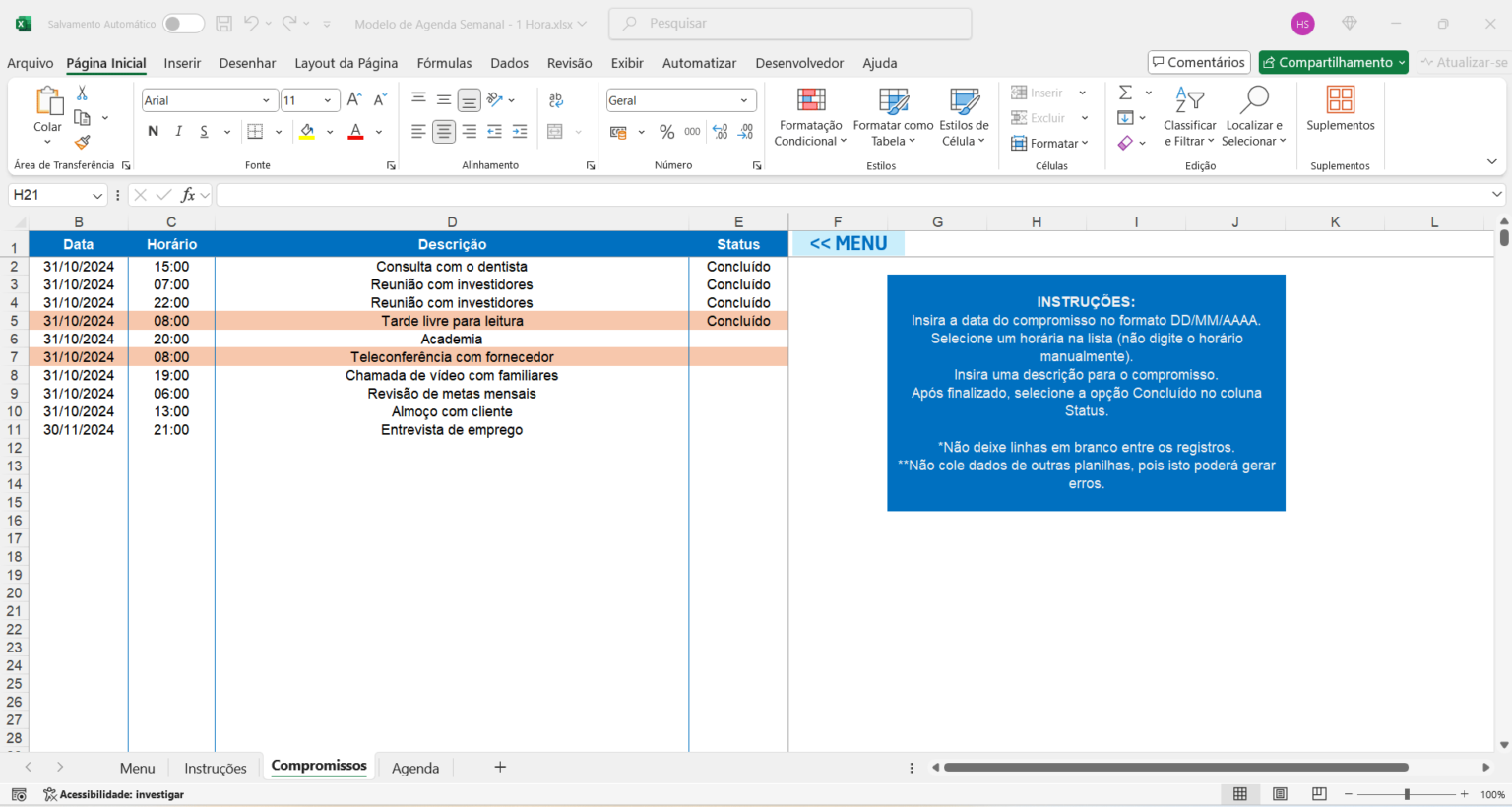 Modelo de Agenda Semanal - Loja Excel Easy